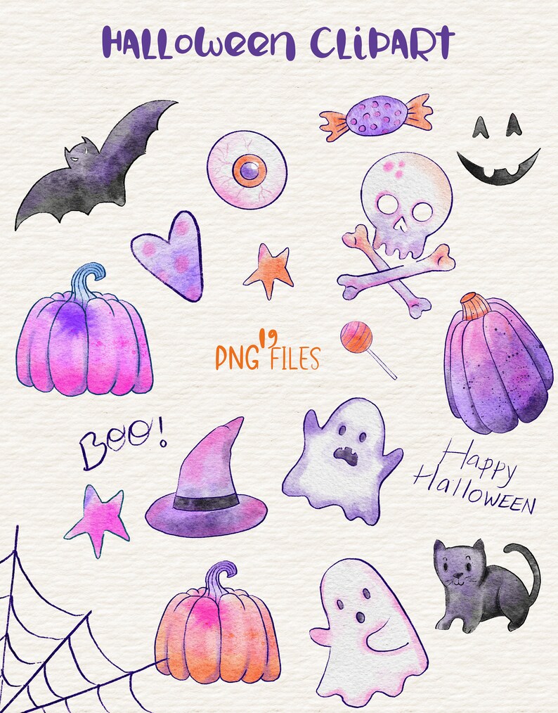 Pink Halloween Clipart Bundle: Watercolor Ghost, Pumpkin (PNG Files ...