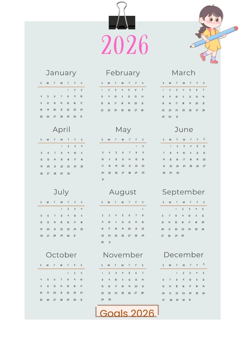 Buy 2026 2026 Year at a Glance Calendar Printable | Minimalist Mint ...