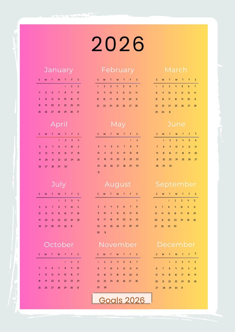 2026 2026 Year at a Glance Calendar Printable | Minimalist Mint Pink ...