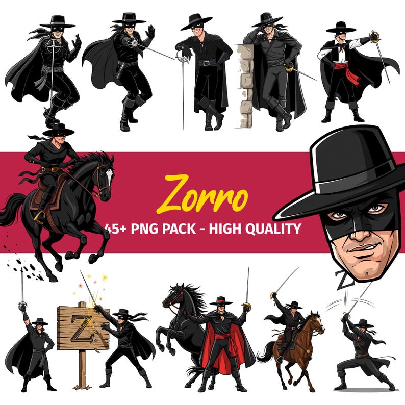 The Mask of Zorro Clipart PNG Pack - Classic Hero Art (digital Download ...