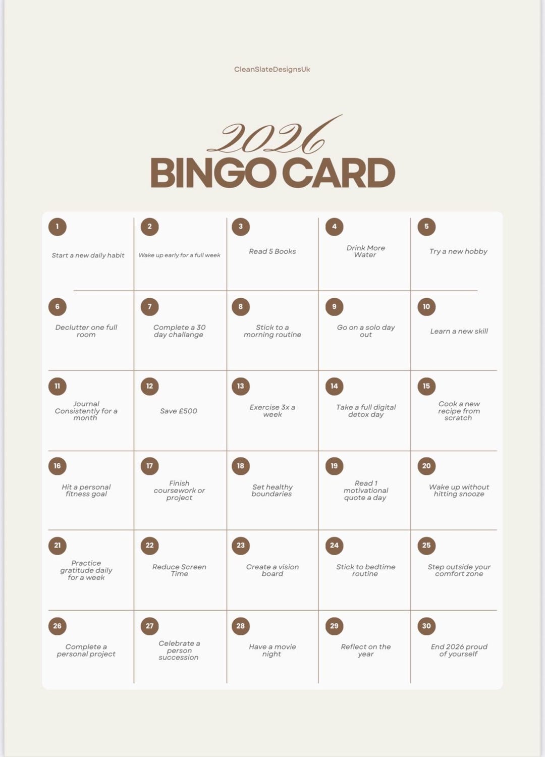 2026 Bingo Card Printable | Year Goals Challenge | Self Improvement ...