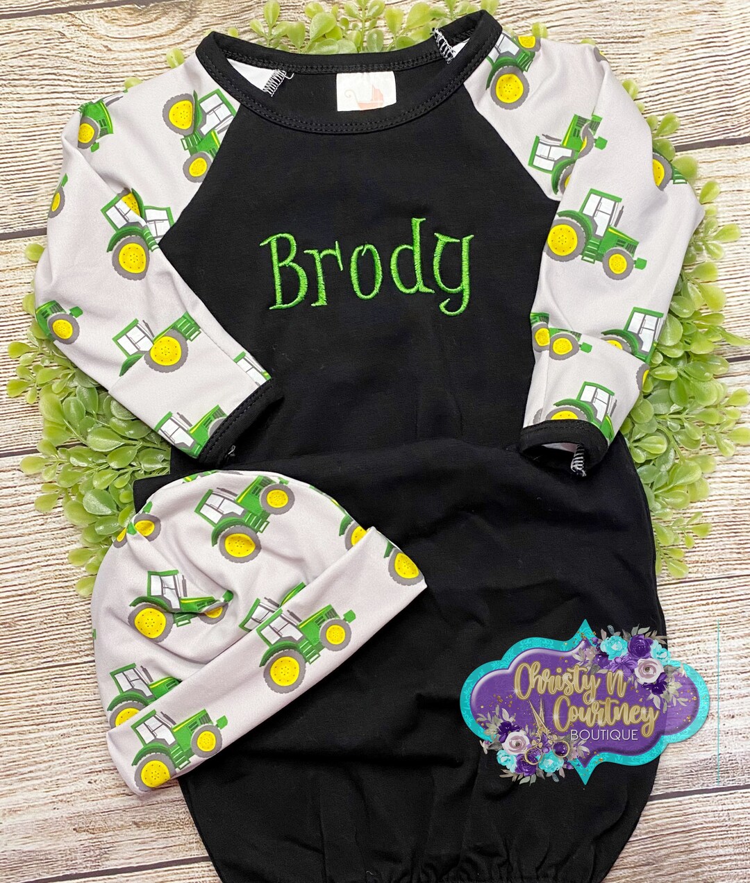 Newborn Baby Boy Gown and Hat Set, Farm Outfit, Tractor Gown and Hat ...