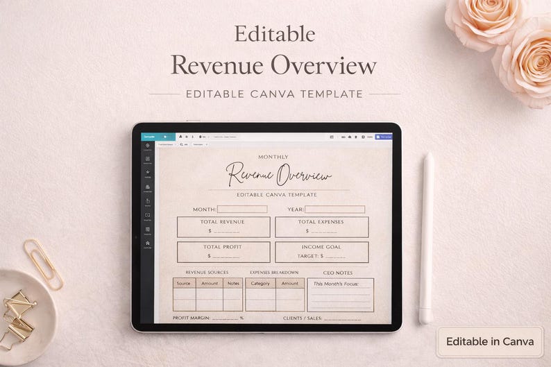 Editable Revenue Overview Template | Canva Monthly Business Income ...