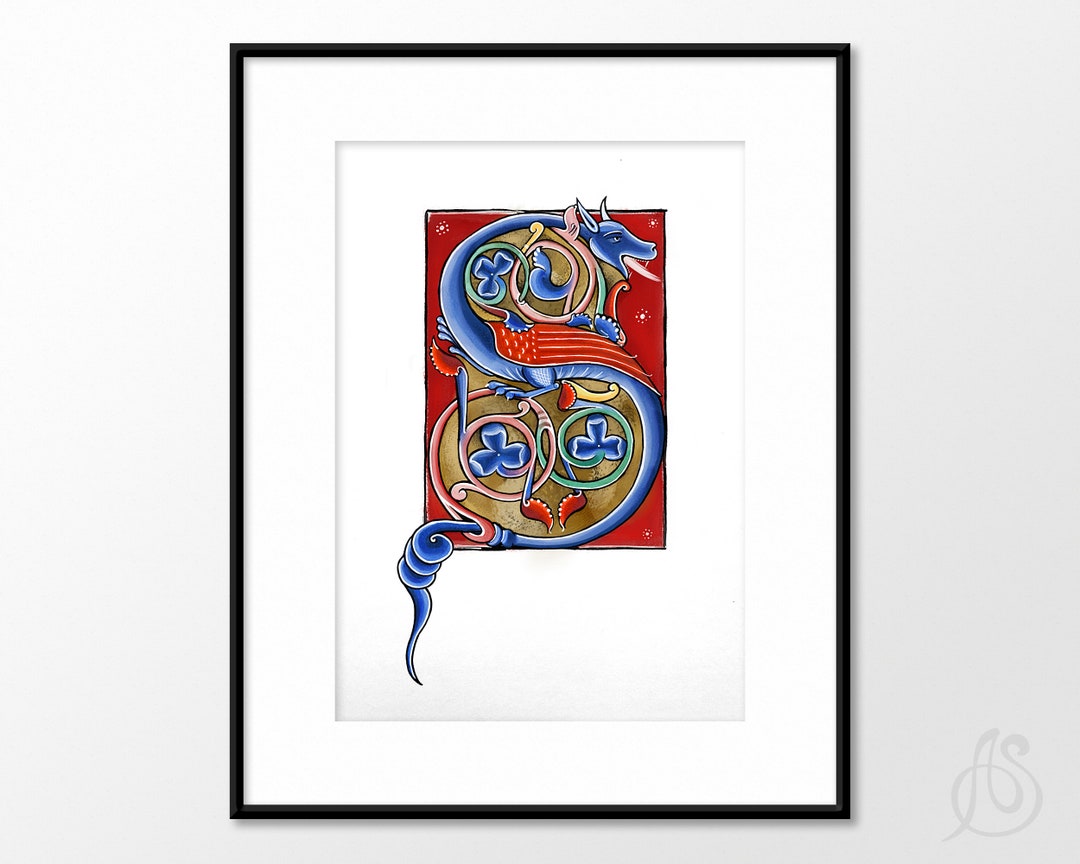 Medieval Dragon, Illuminated Initial, Monogram Letter S Art Print ...