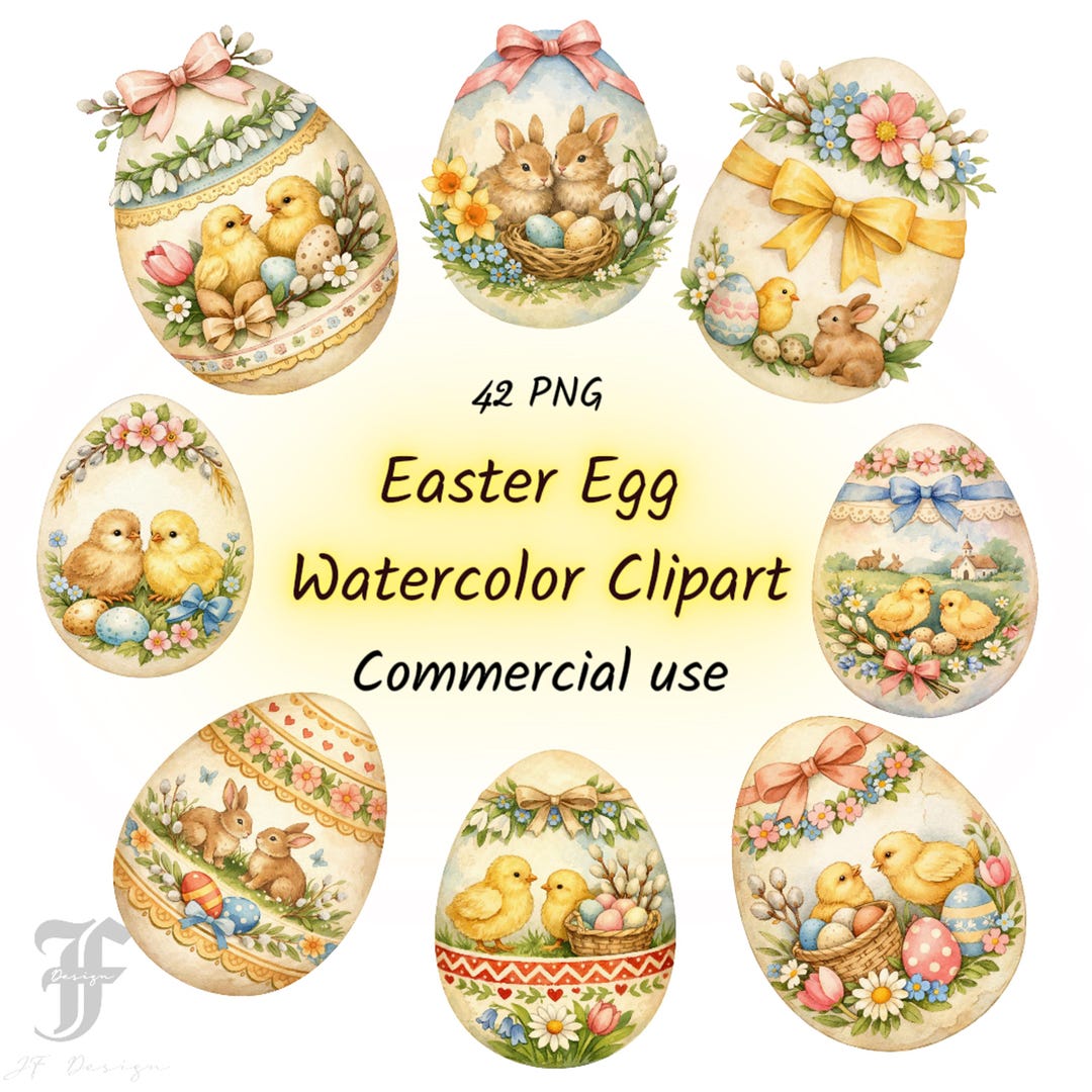 Easter Egg Watercolor Clipart 42 PNG Bundle, Chicks & Bunnies, Spring ...