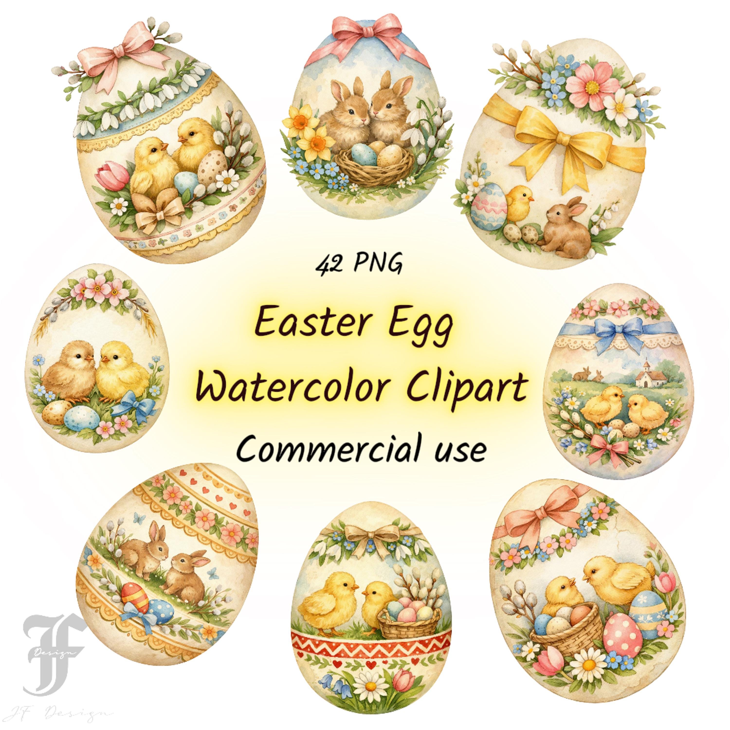 Easter Egg Watercolor Clipart 42 PNG Bundle, Chicks & Bunnies, Spring ...