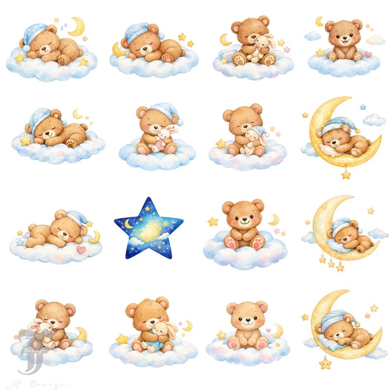 Watercolor Sleepy Teddy Bear Clipart, Moon and Stars PNG, Over the Moon ...
