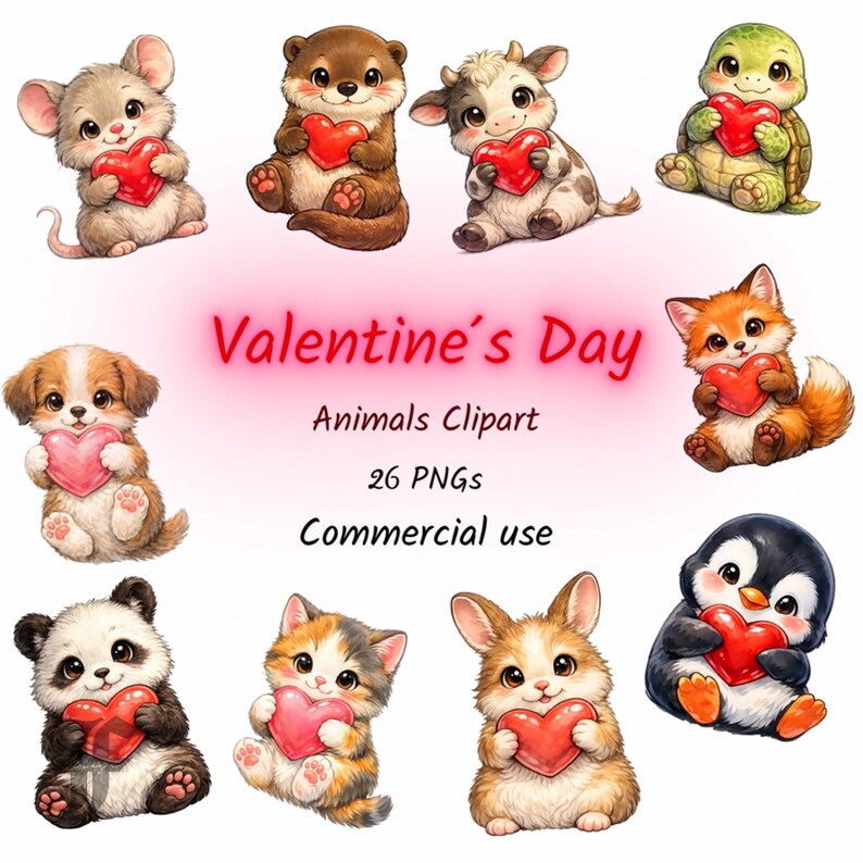 Watercolor Animals Holding Hearts Clipart | Nursery Pngs (digital ...