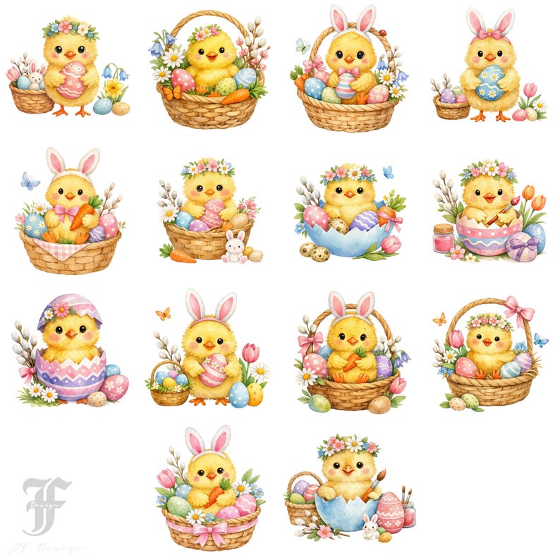 Watercolor Easter Chick Clipart Bundle, Pastel Spring Chicks With Eggs ...