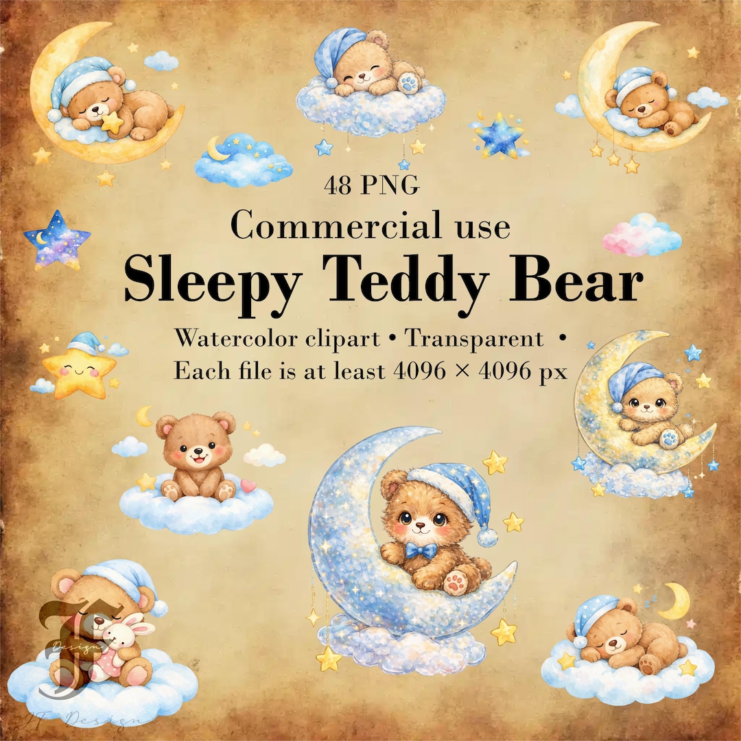 Watercolor Sleepy Teddy Bear Clipart, Moon and Stars PNG, Over the Moon ...