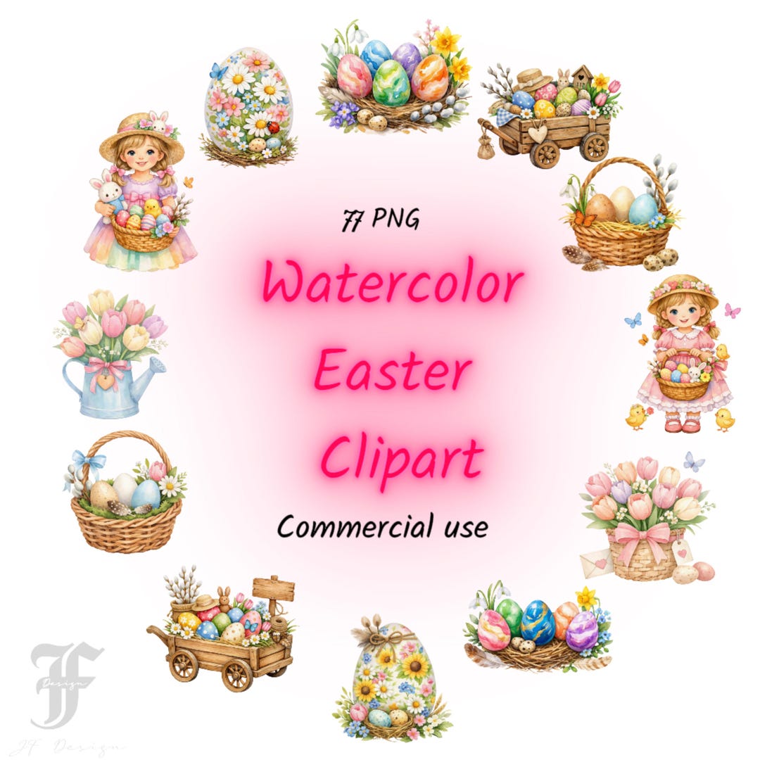 Watercolor Easter Clipart Bundle, Bunny Girls, Rustic Wagons, Floral ...
