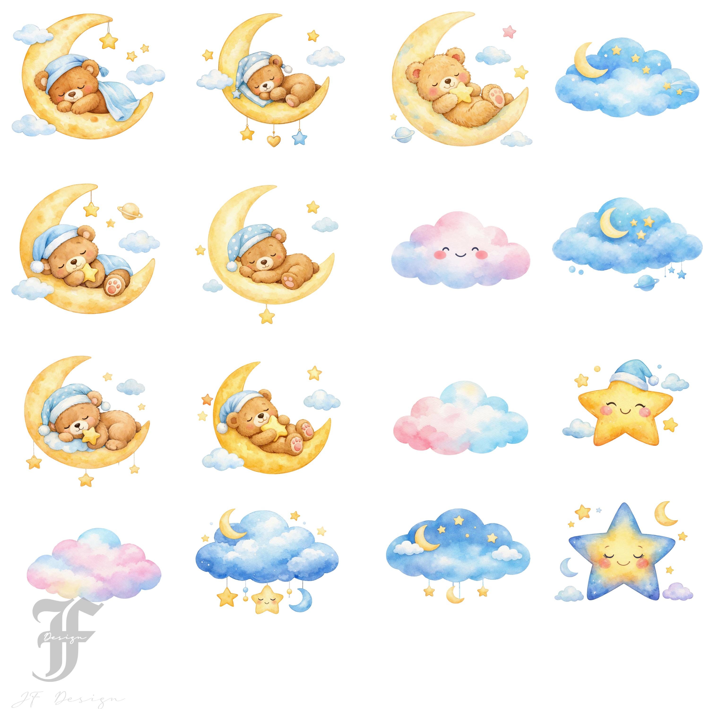 Watercolor Sleepy Teddy Bear Clipart, Moon and Stars PNG, Over the Moon ...