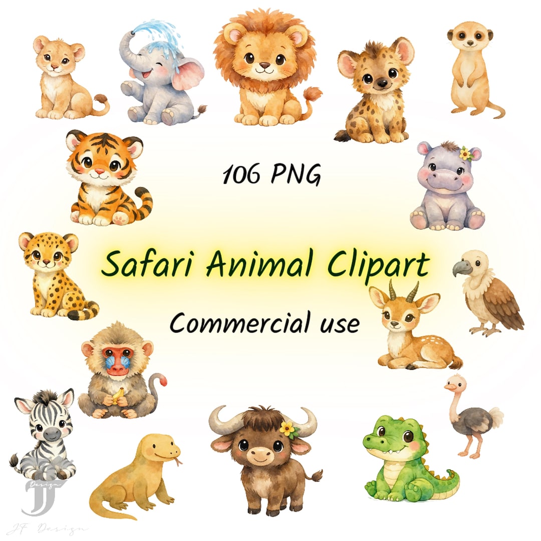 Watercolor Safari Animal Clipart Bundle, Baby Jungle Graphics (106 PNG ...