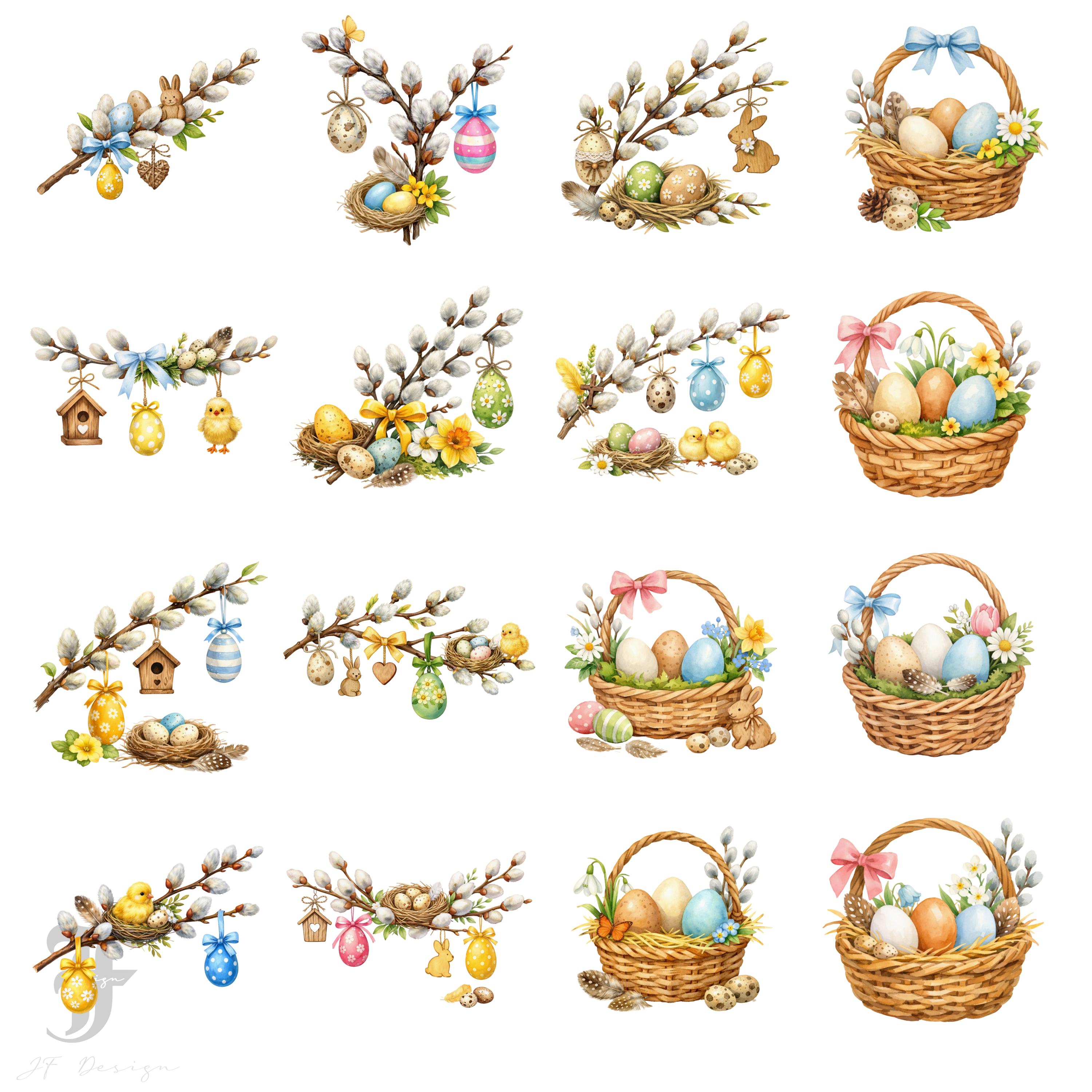 Watercolor Easter Clipart Bundle, Bunny Girls, Rustic Wagons, Floral ...