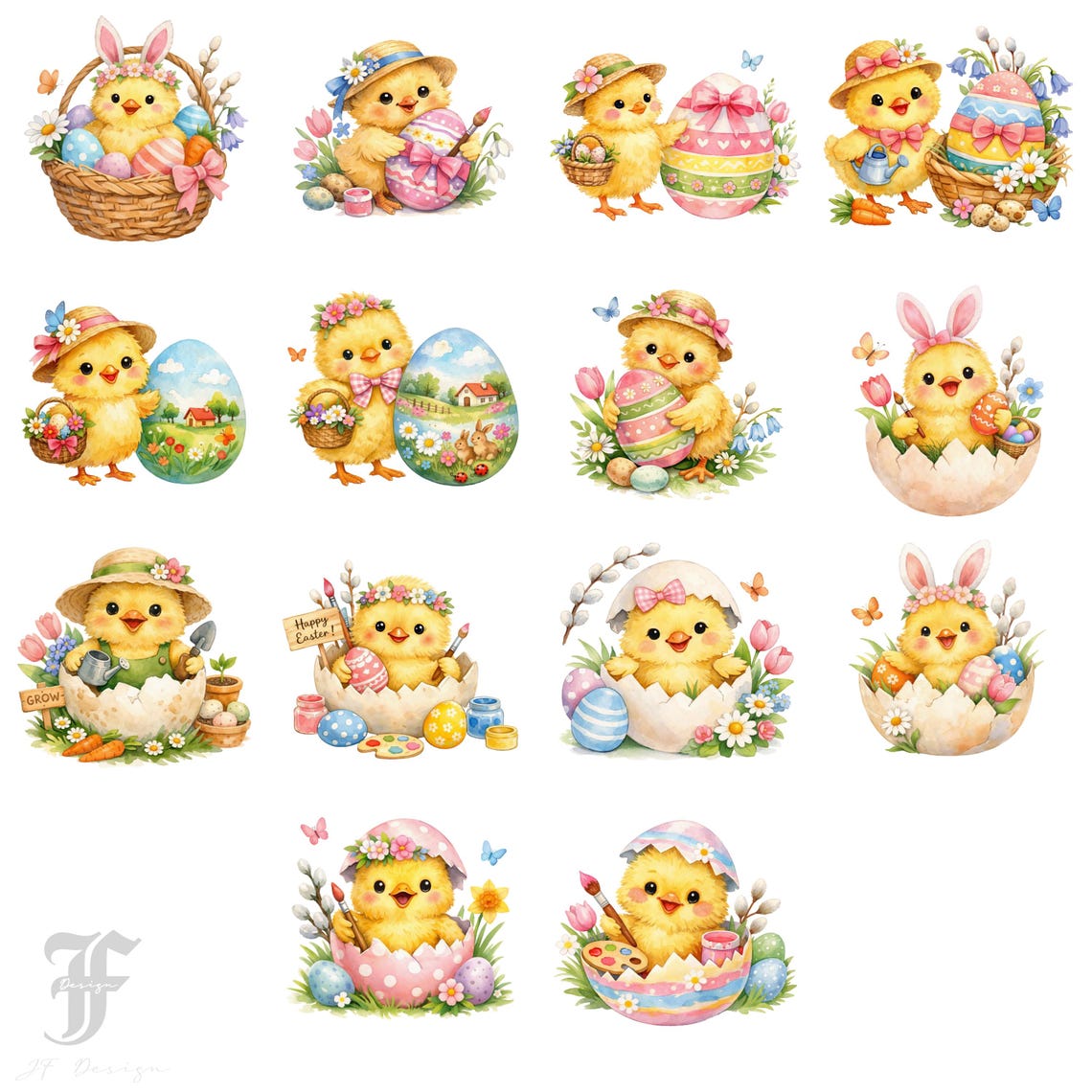 Watercolor Easter Chick Clipart Bundle, Pastel Spring Chicks With Eggs ...