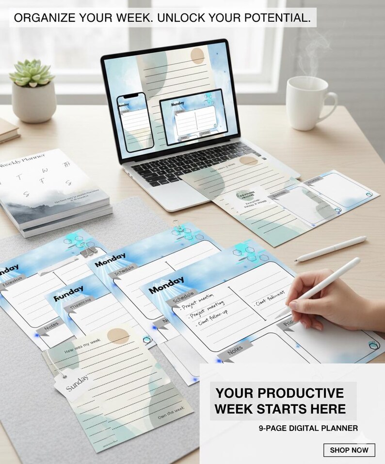 9-page Weekly Planner Printable, Undated Daily Schedule (PDF Download ...