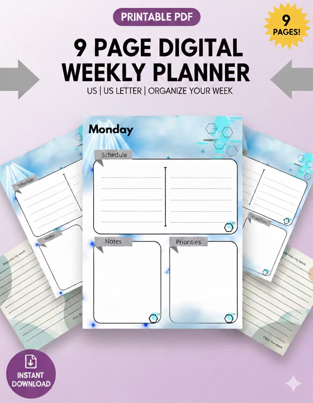9-page Weekly Planner Printable, Undated Daily Schedule (PDF Download ...