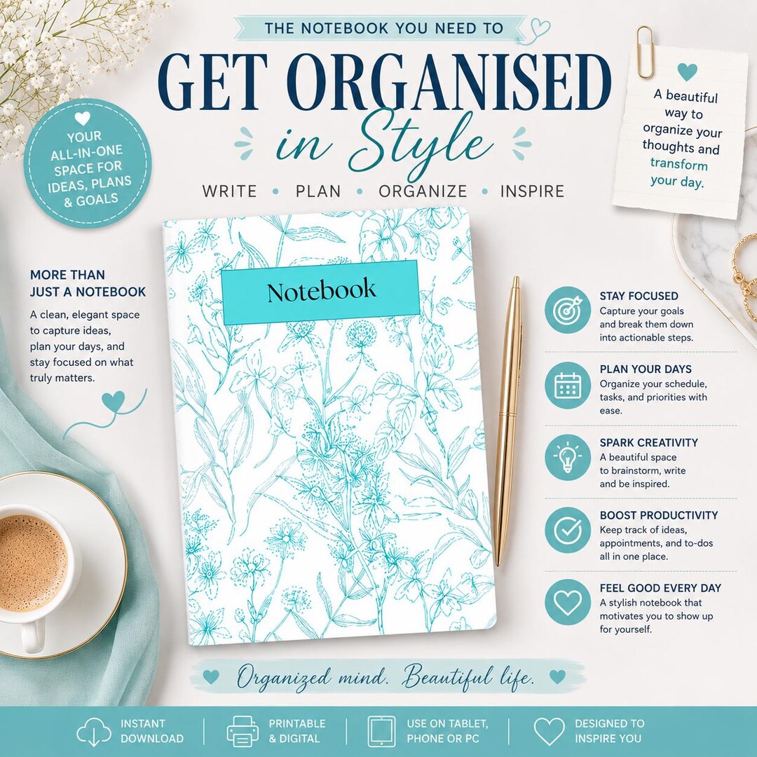 Minimalist Floral Notebook | Digital Planner Pages (digital Download ...