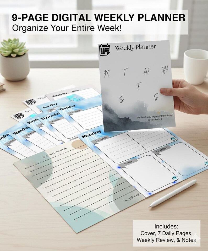 9-page Weekly Planner Printable, Undated Daily Schedule (PDF Download ...