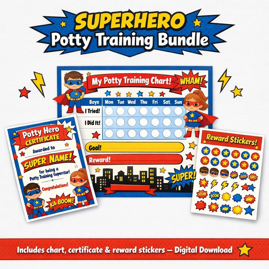 Superhero Potty Training Chart for Kids | Reward Stickers & Certificate ...