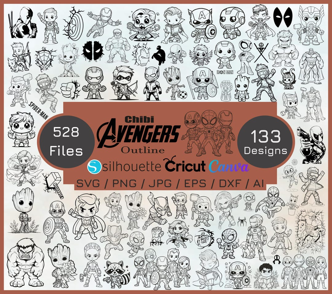 Avengers Mega Bundle SVG - Avengers Chibi Outline, Spiderman, Captan ...