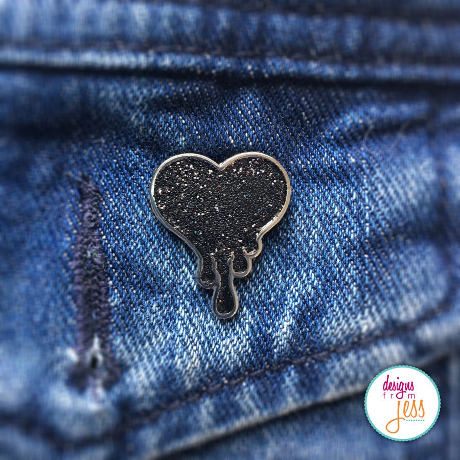 Black Heart Black Glitter Bleeding Heart Enamel Pin | Etsy