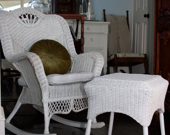 Vintage White Wicker Rocker With Ottoman - Etsy