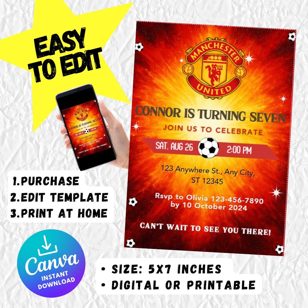 Manchester United Birthday Invitation: Editable Soccer Party Theme ...
