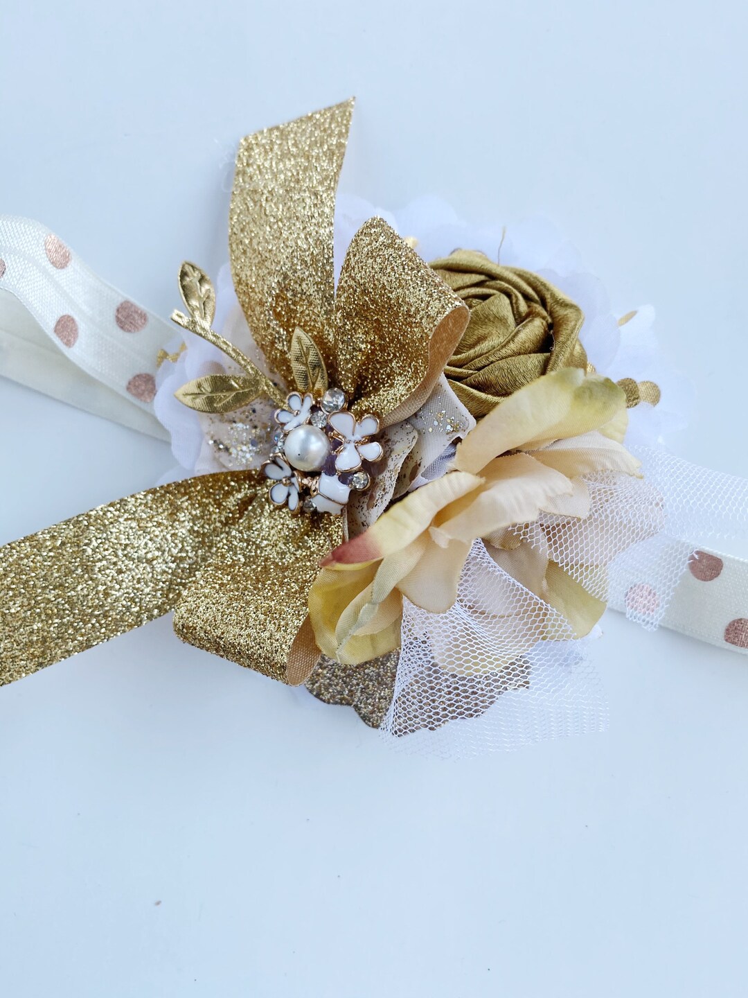 Gold White Wedding Flower Girl Headband Baby Girl Headband Toddler ...