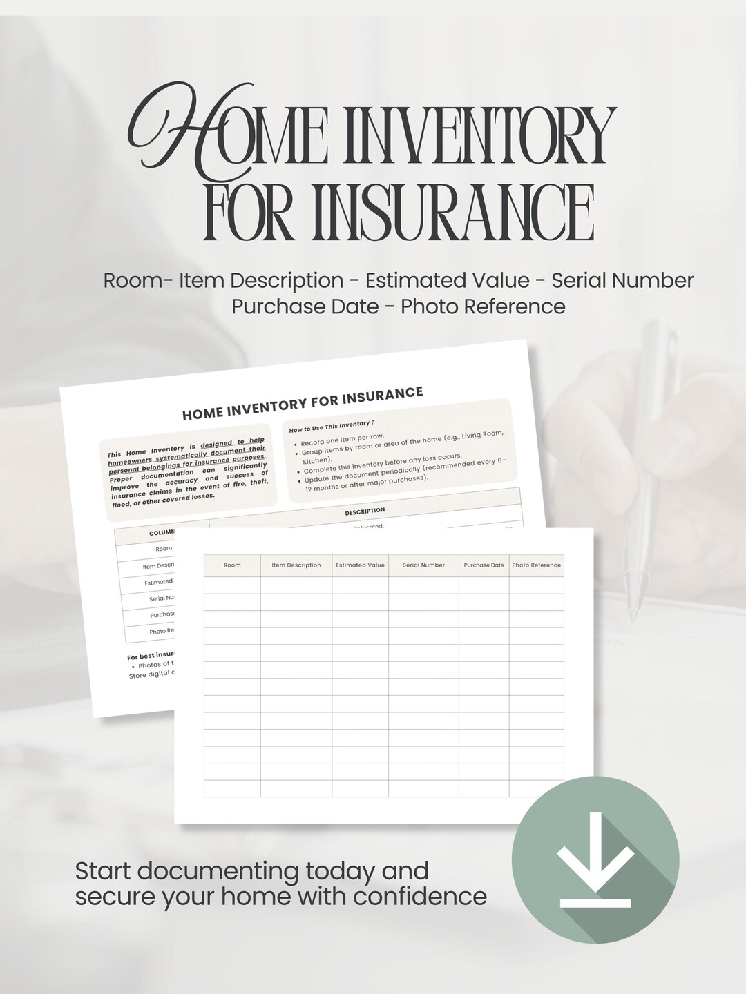Home Inventory for Insurance Printable | Insurance Claim Checklist ...