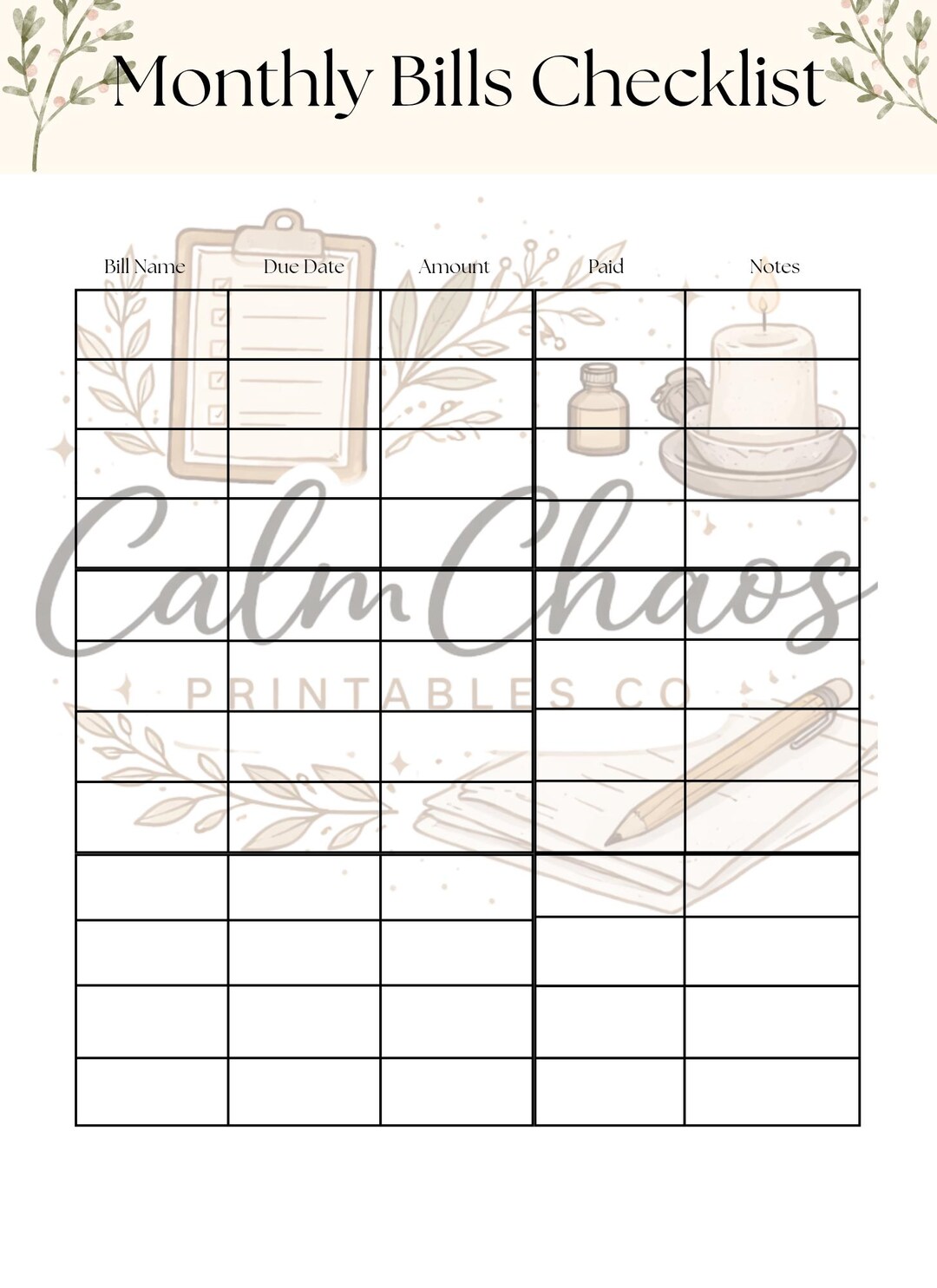 Monthly Bill Checklist - Etsy
