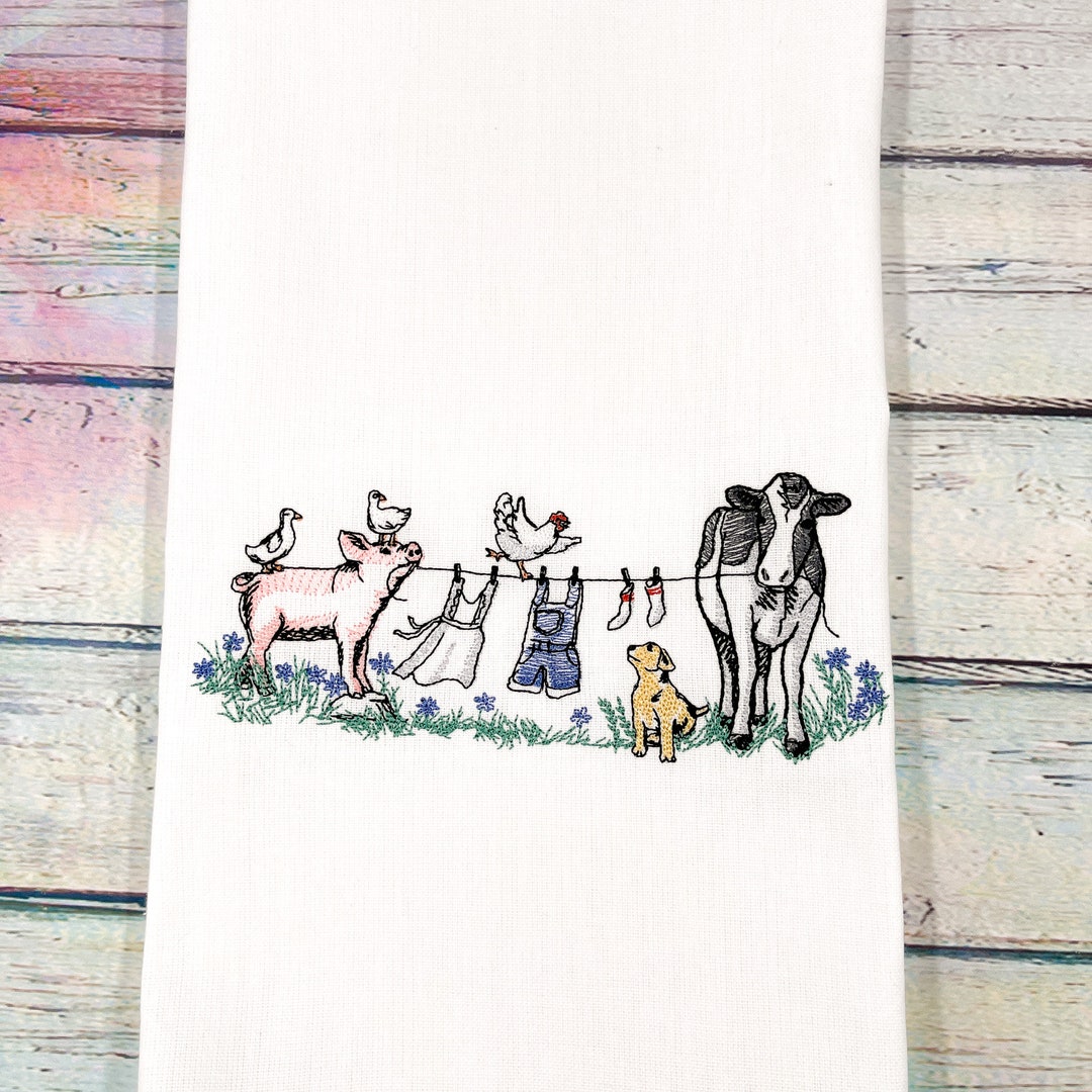 Laundry Day Farm Animals Clothesline Embroidered Kitchen Towel ...