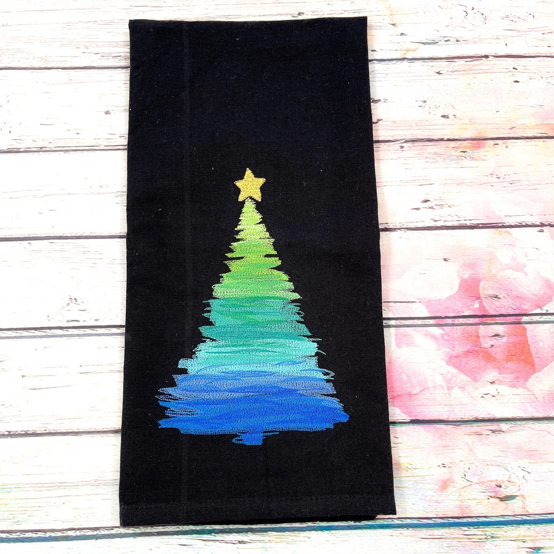 Color Splash Christmas Tree Embroidered Kitchen Tea Towel - Etsy