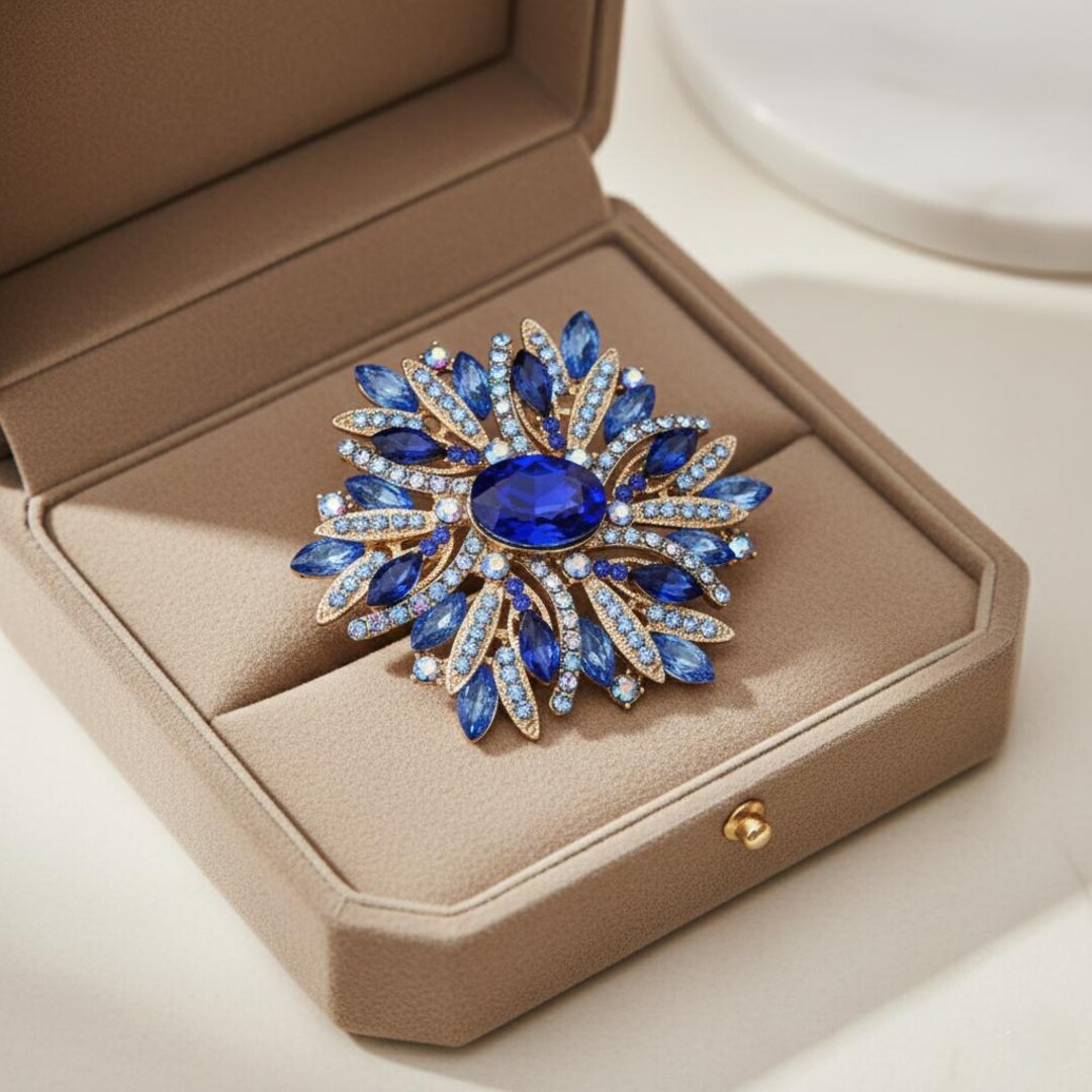 Majestic Azure Bloom Brooch • Large Royal Blue Crystal Floral Pin ...