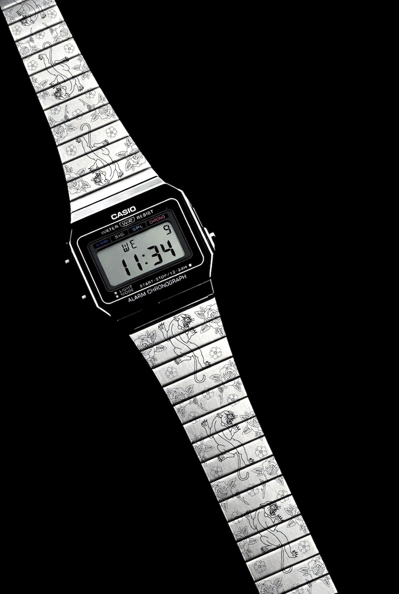 Custom Casio A700W-1A Traditional Tattoo Panther Design Engraved Watch ...