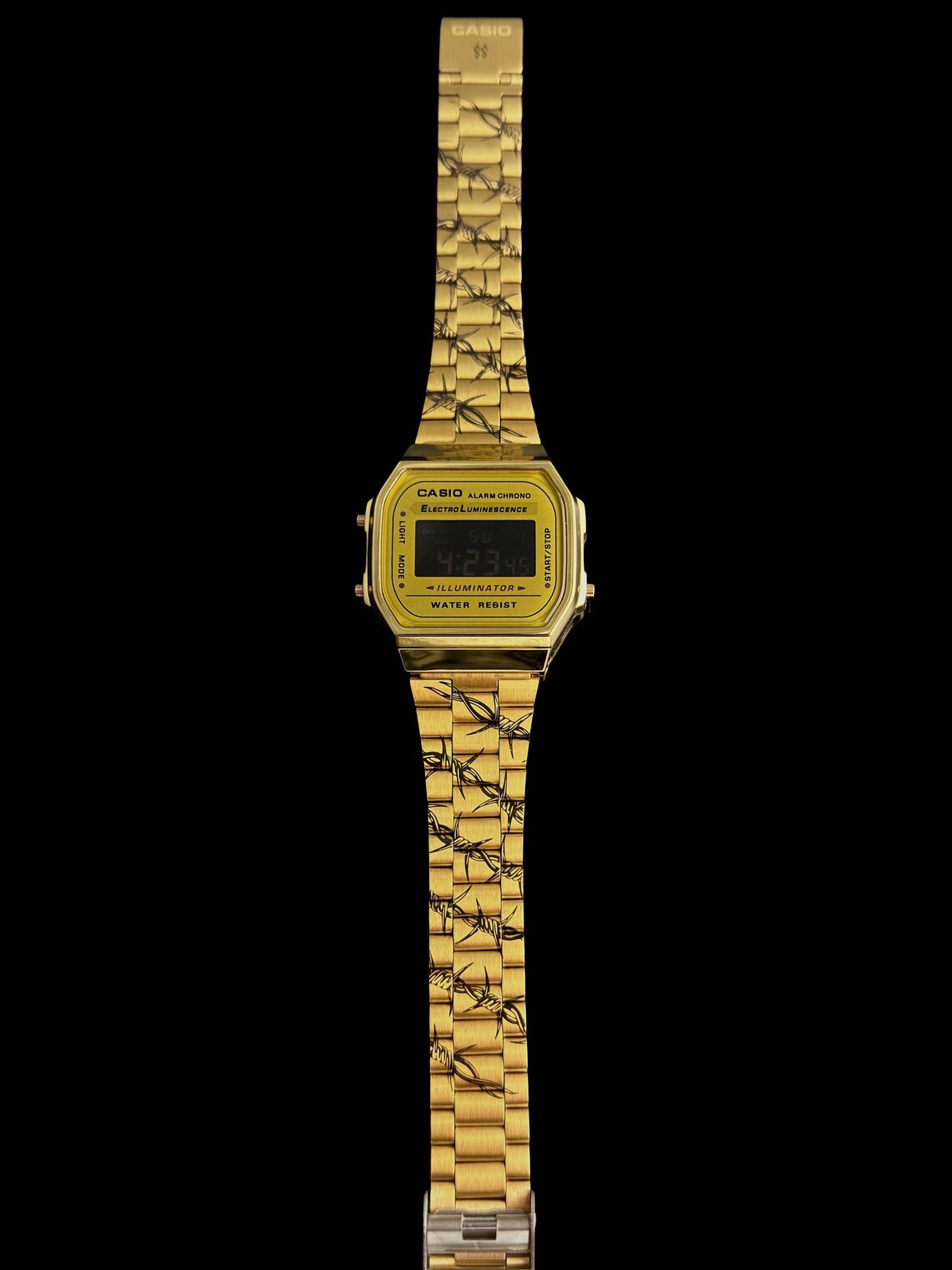 Custom Gold Casio A168 Watch, Barbed Wire Engraved, Negative Display ...