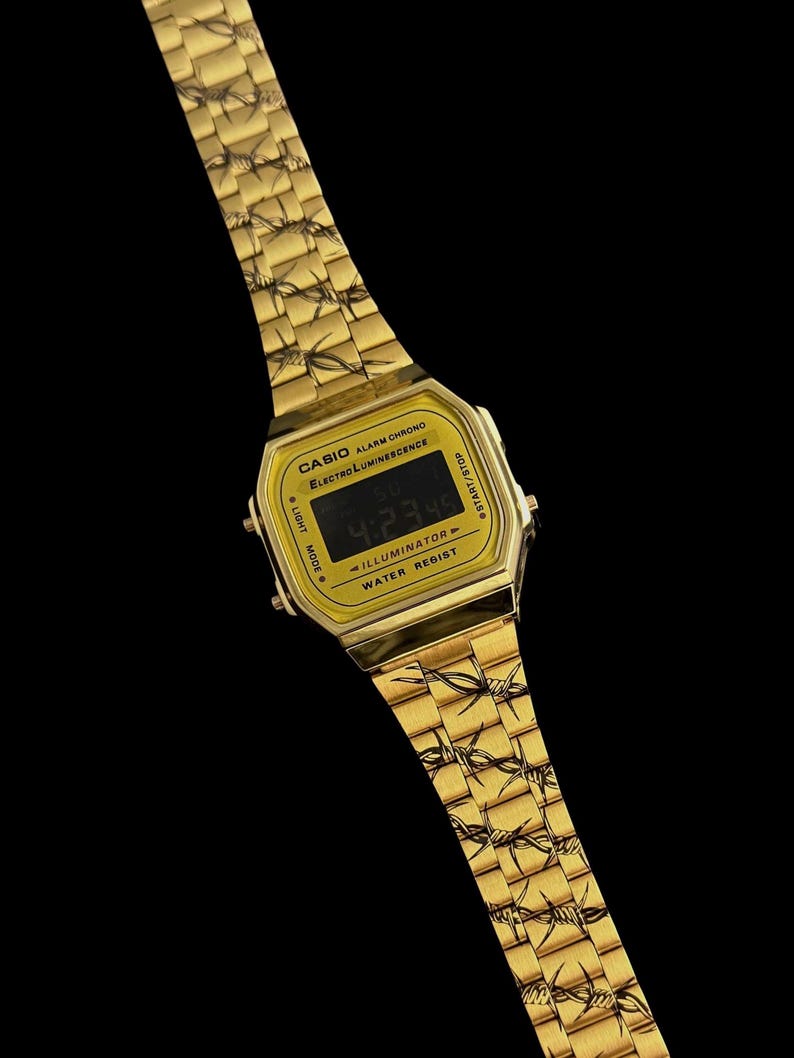 Custom Gold Casio A168 Watch, Barbed Wire Engraved, Negative Display ...