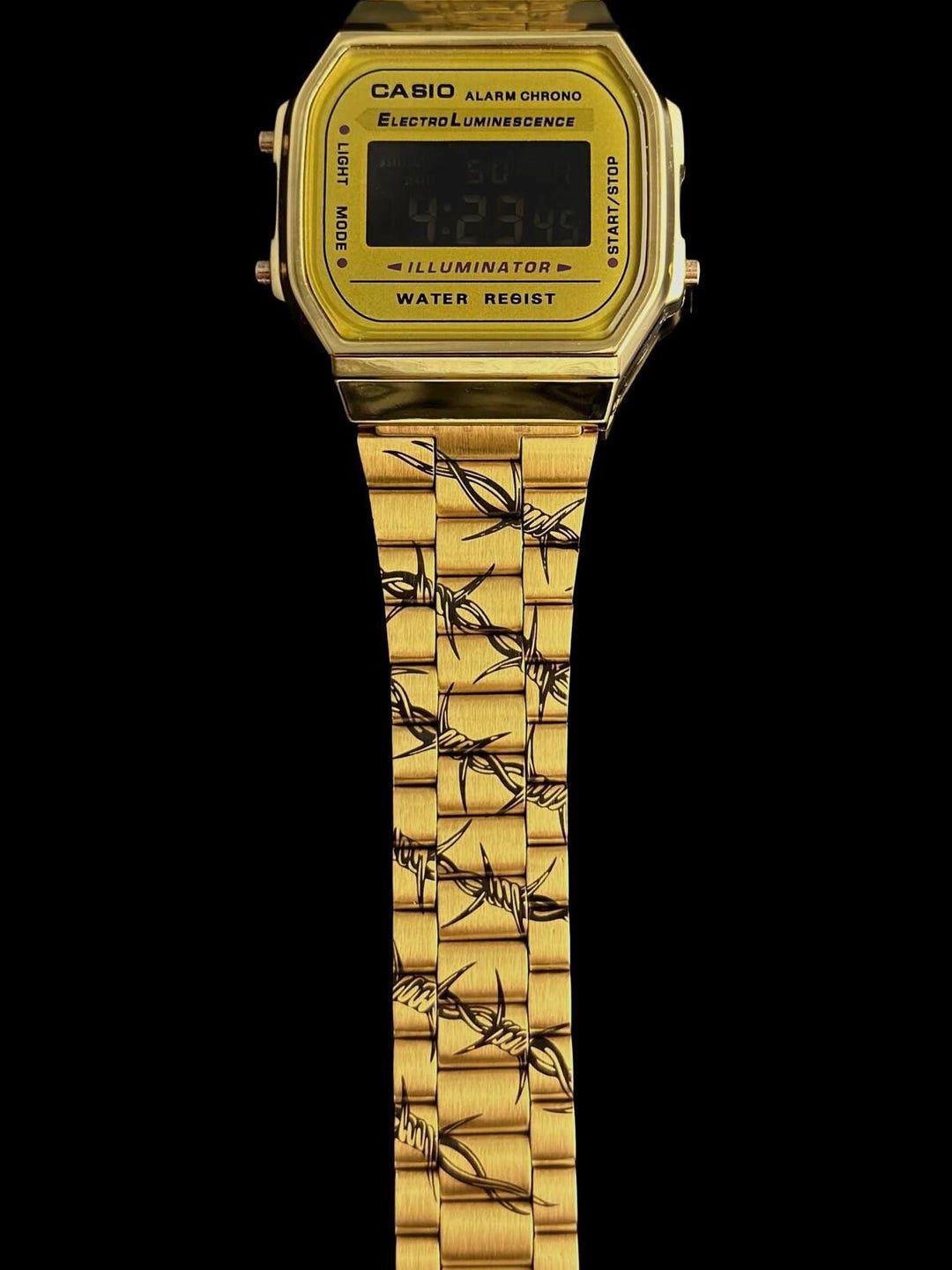 Custom Gold Casio A168 Watch, Barbed Wire Engraved, Negative Display ...