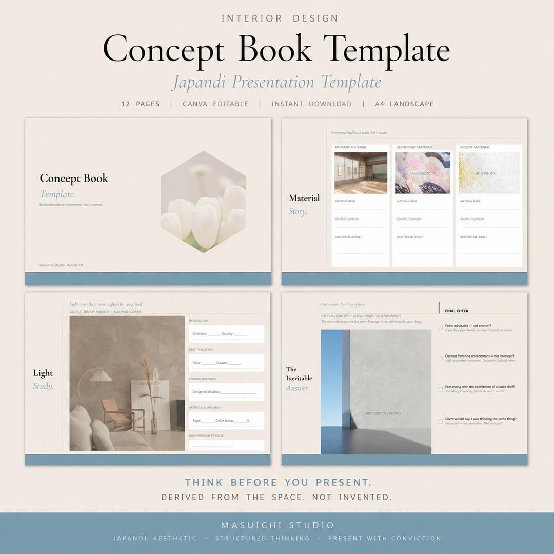 Interior Design Concept Book Template Canva | Japandi Presentation ...