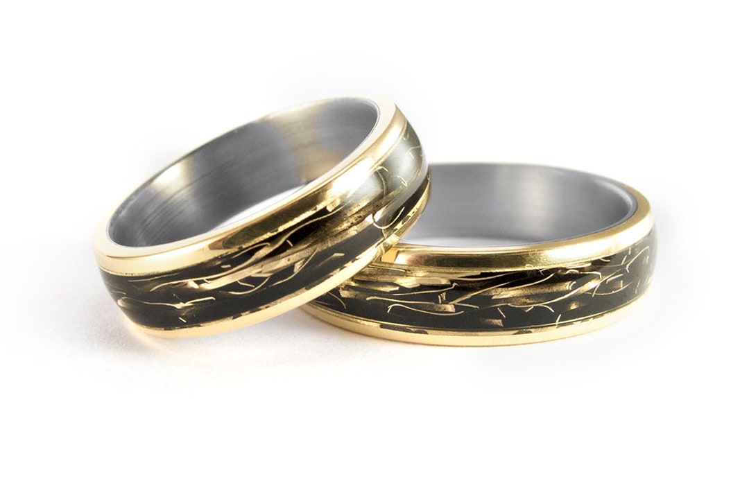 Titanium and Yellow Gold 18K Wedding Ring Set. Black and Gold Matching ...