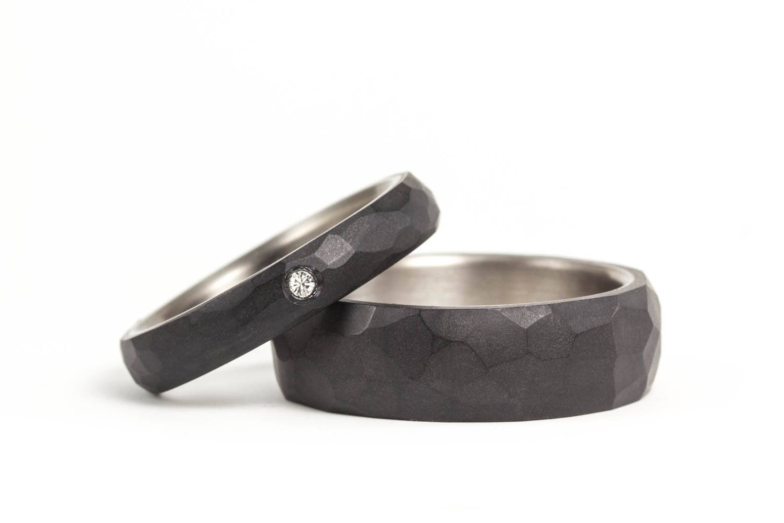 Titanium and Graphite Wedding Ring Set With Swarovski Crystal. - Etsy