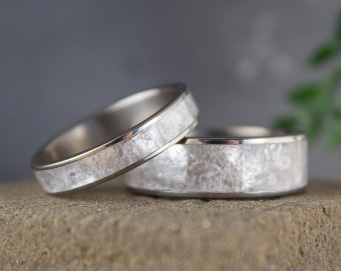 Titanium Wedding Ring Set With Mica Mineral. Flat Polished Matching ...