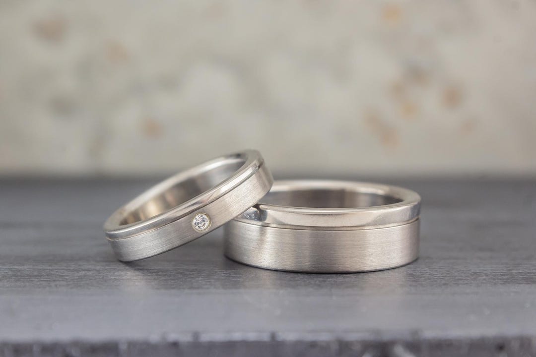 Titanium Wedding Ring Set: Flat Matching Bands With Swarovski Crystal ...