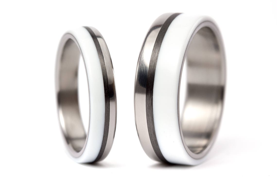 Polished titanium white corian and carbon fiber wedding ring | Etsy