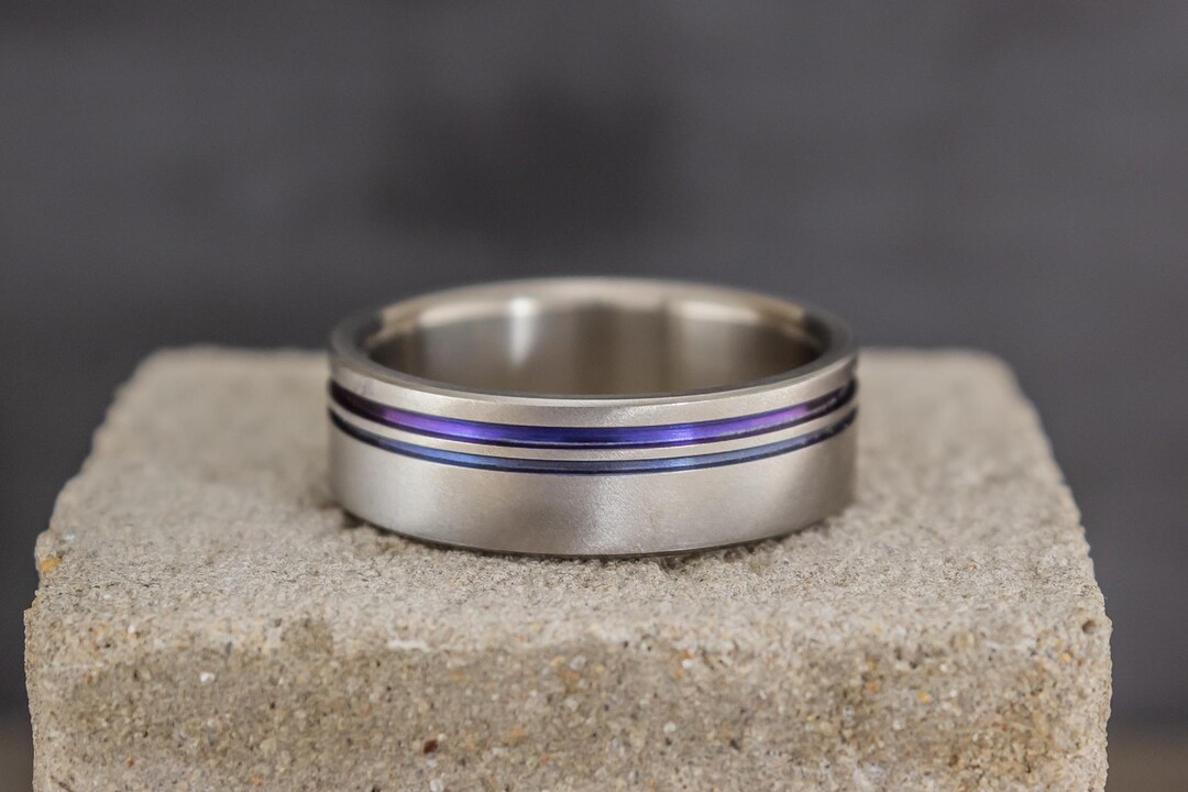 Matte Titanium Ring With Blue Anodized Inlays. Flat Men's Wedding Ring ...