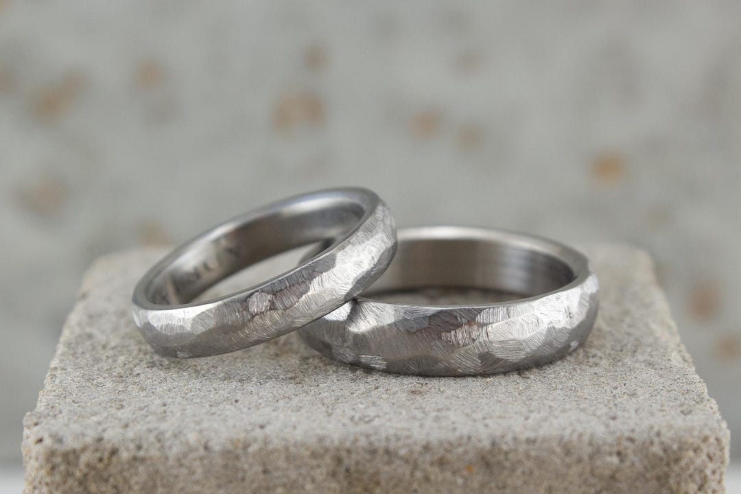 Hammered Titanium Wedding Ring Set. Matte Titanium Matching Wedding ...
