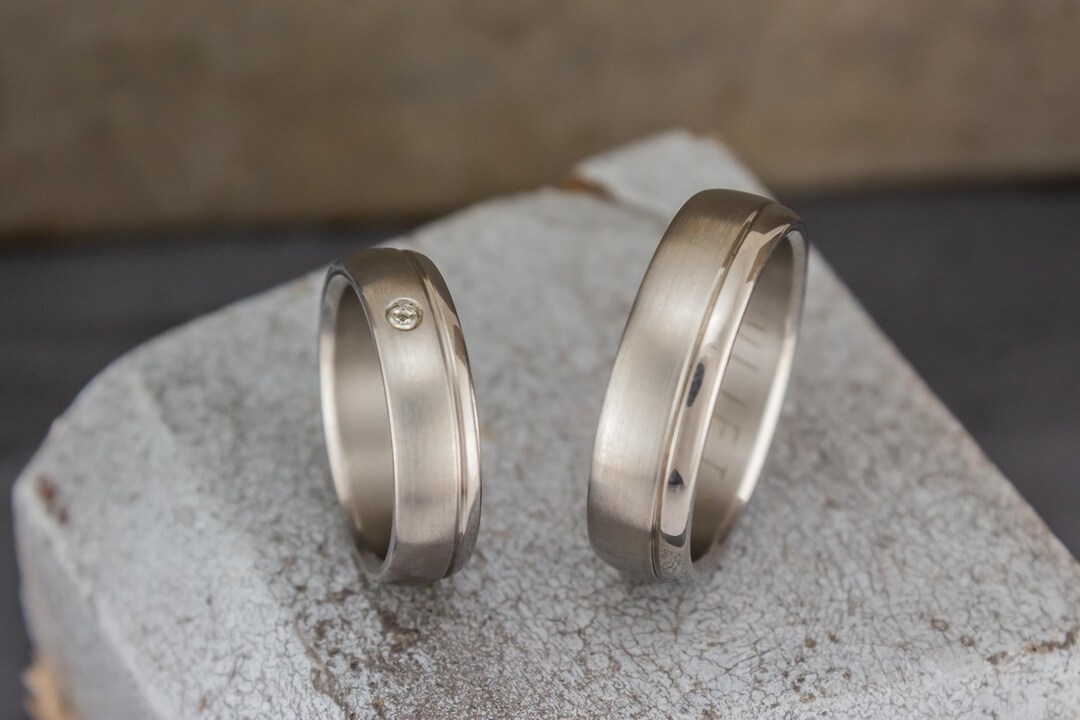 Brushed and Polished Titanium Wedding Ring Set. Round Titanium Matching ...