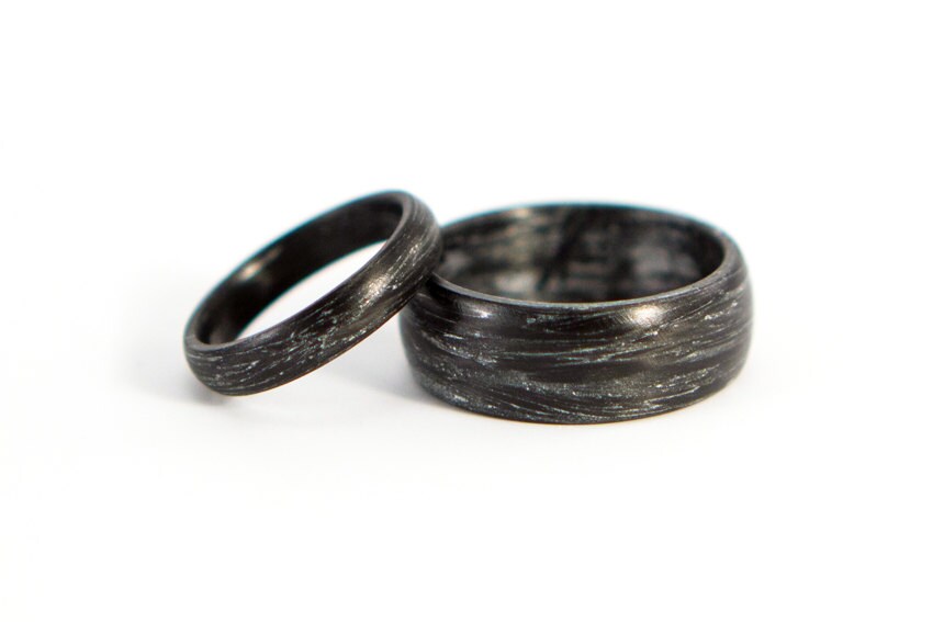Matte Carbon Fiber and Silver Wedding Ring Set. Black Matching | Etsy