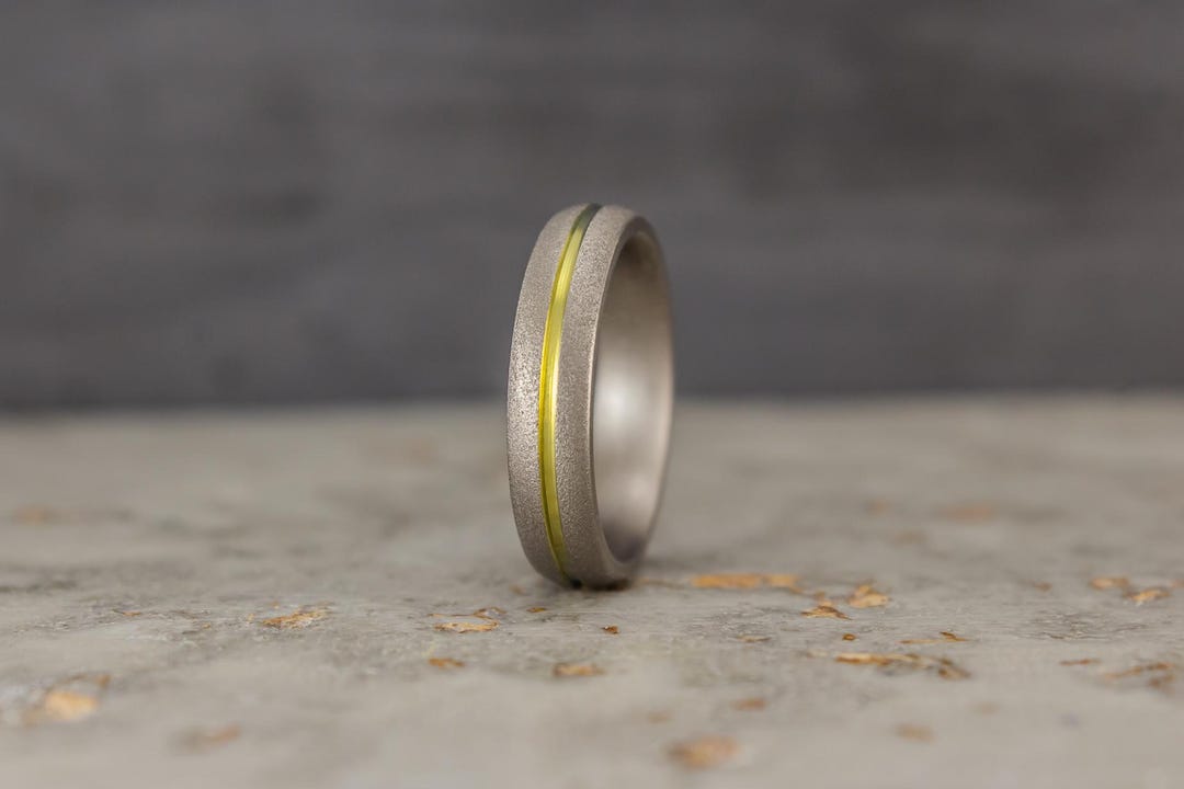 Sandblasted Titanium Ring With Golden Anodized Inlay. Titanium Mens ...