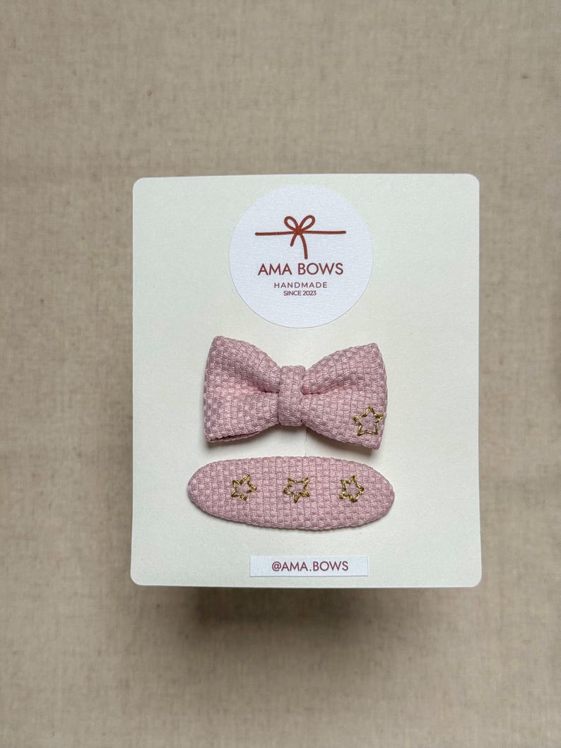 Hand Embroidered Golden Stars Hair Bows - Pink Clips Hair Accesories ...
